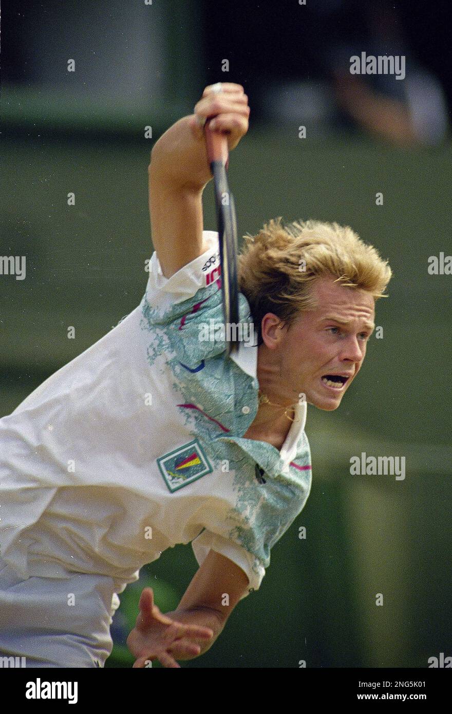 Sweden's Stefan Edberg serves to West Germany's Boris Becker during the ...