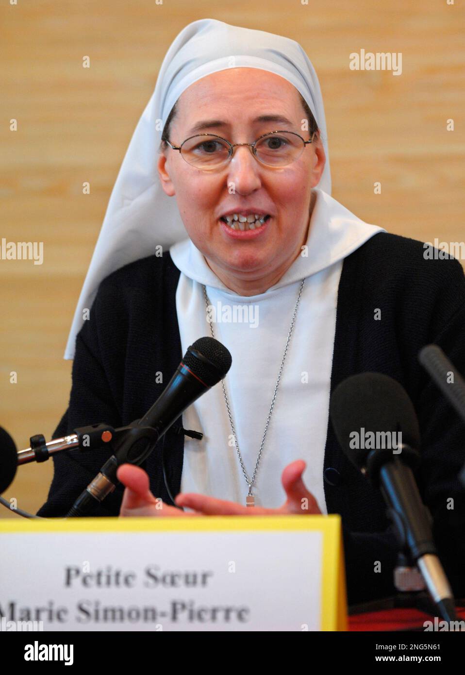 French nun Sister Marie-Simon-Pierre speaks during a press conference ...