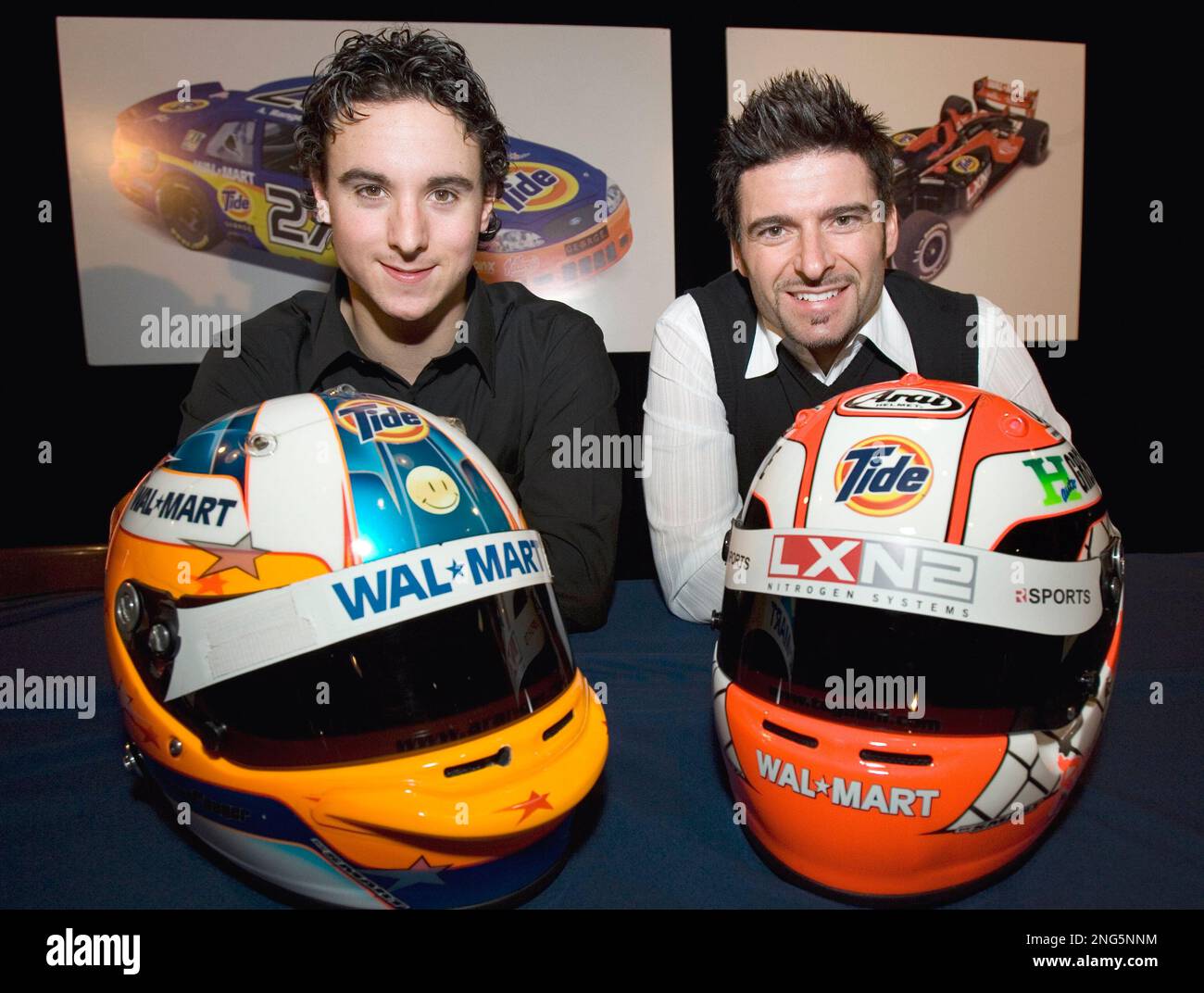 Canadian race car drivers Andrew Ranger, left, and Alex Tagliani pose ...