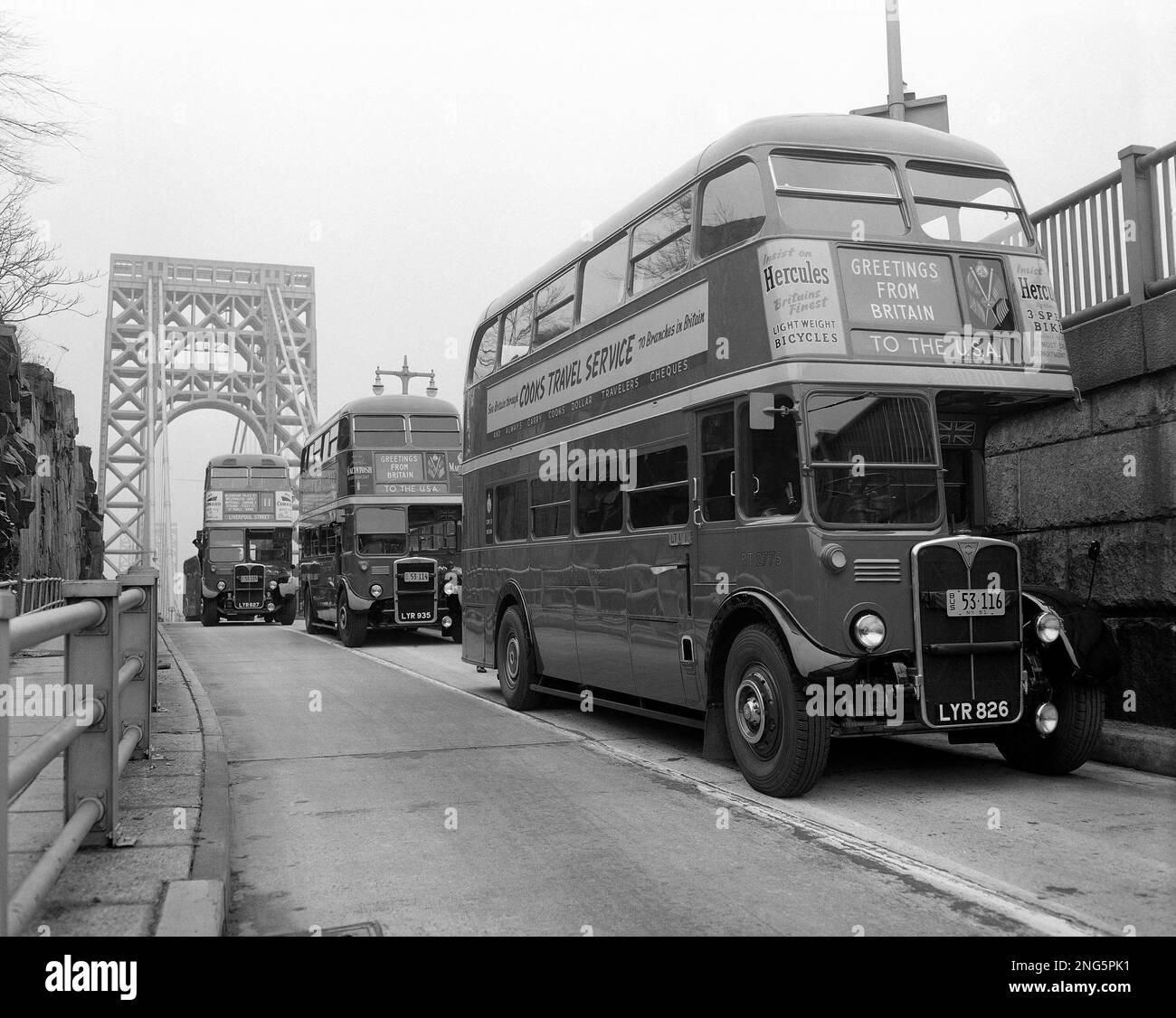 Three red double-decker London buses arrive at the New Jersey side of ...