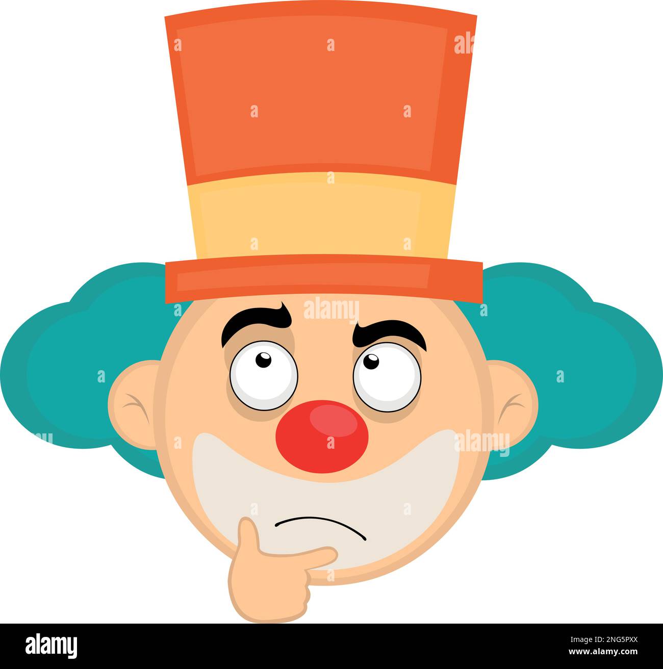 vector illustration cartoon clown face with a thinking or doubting expression, with his hand on ...