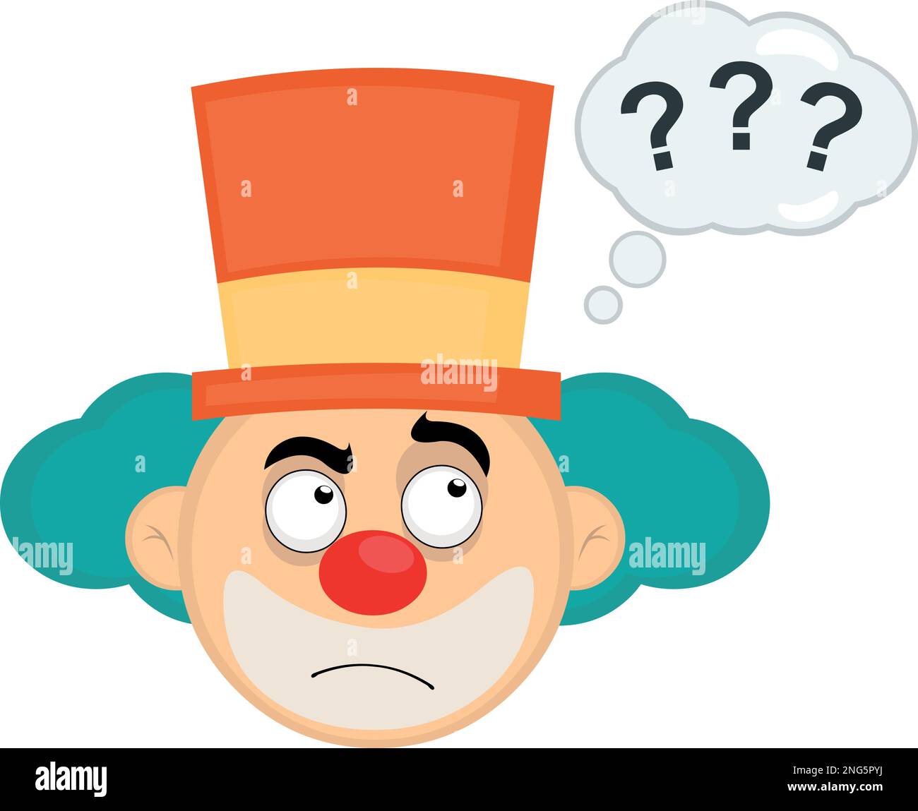 vector illustration face of a cartoon clown with a thinking expression or doubt, with a cloud ...