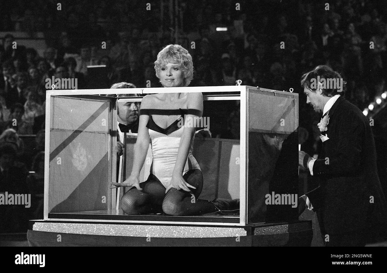 German starlet and actress Ingrid Steeger is in a box performing with ...