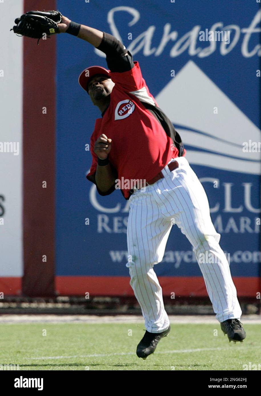 Cincinnati Reds outfielder Norris Hopper catches a fly ball for an out ...