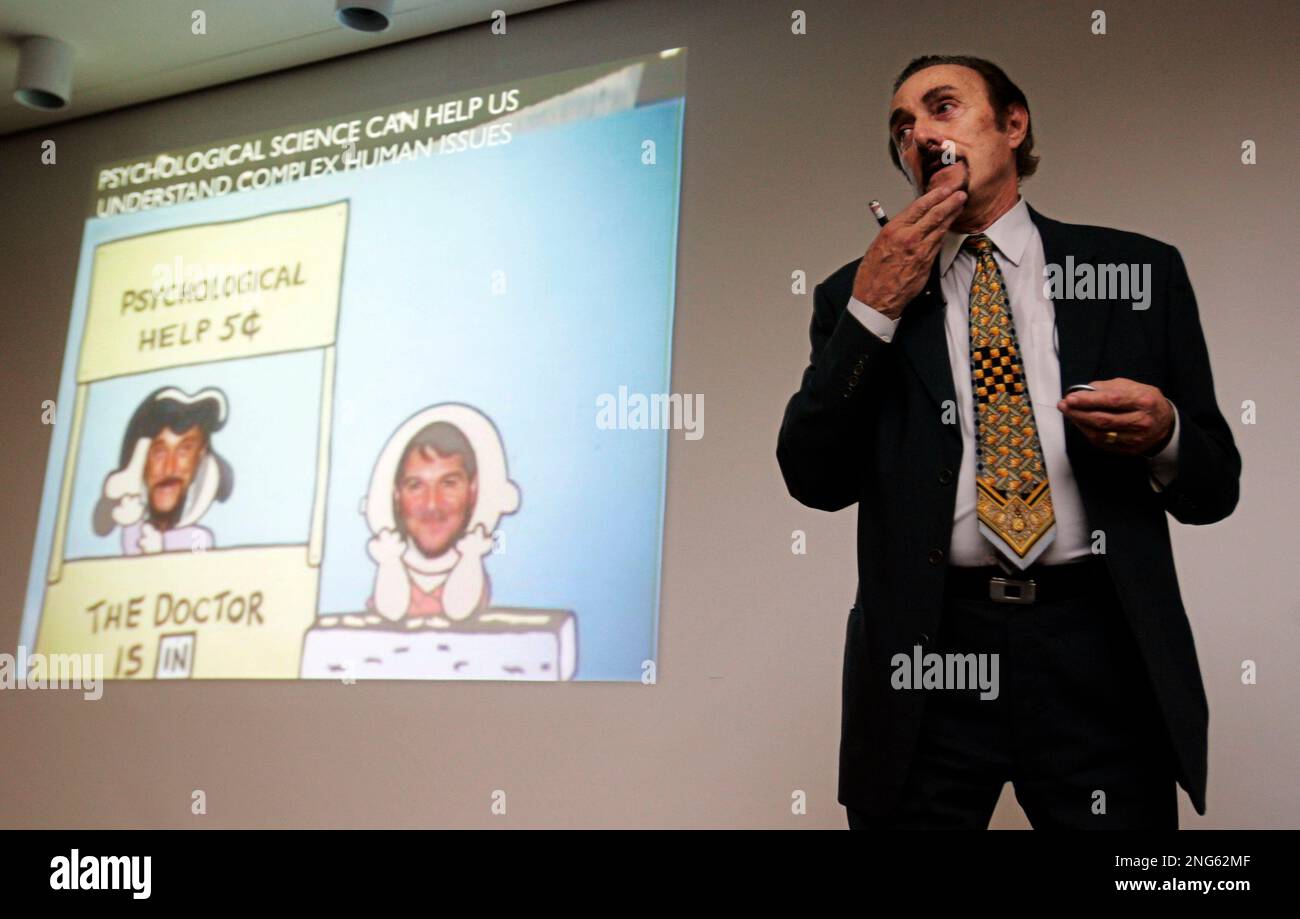 Stanford psychology professor Philip Zimbardo jokes around with a ...
