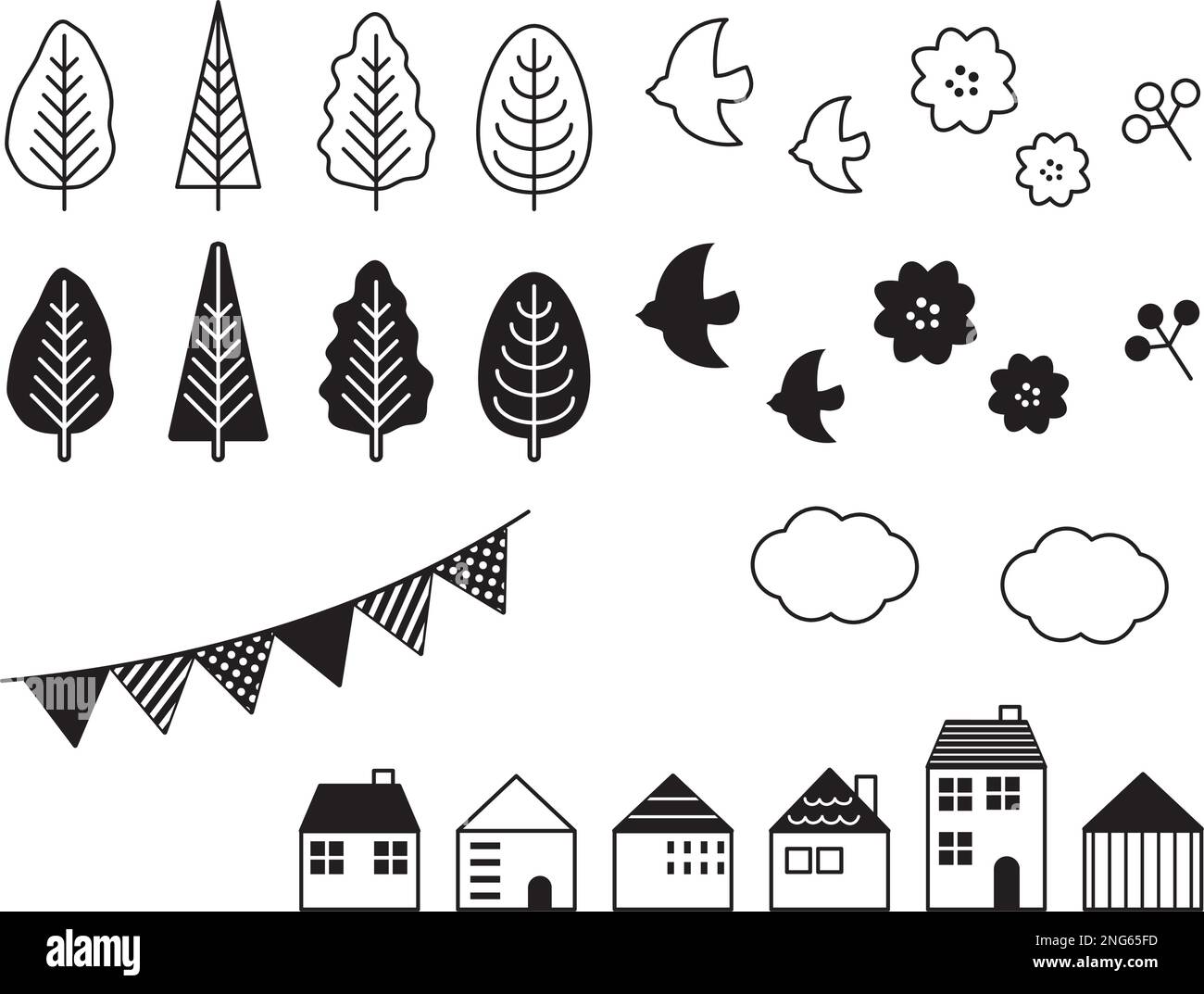 Scandinavian style illustration set of trees, birds and houses. Black ...