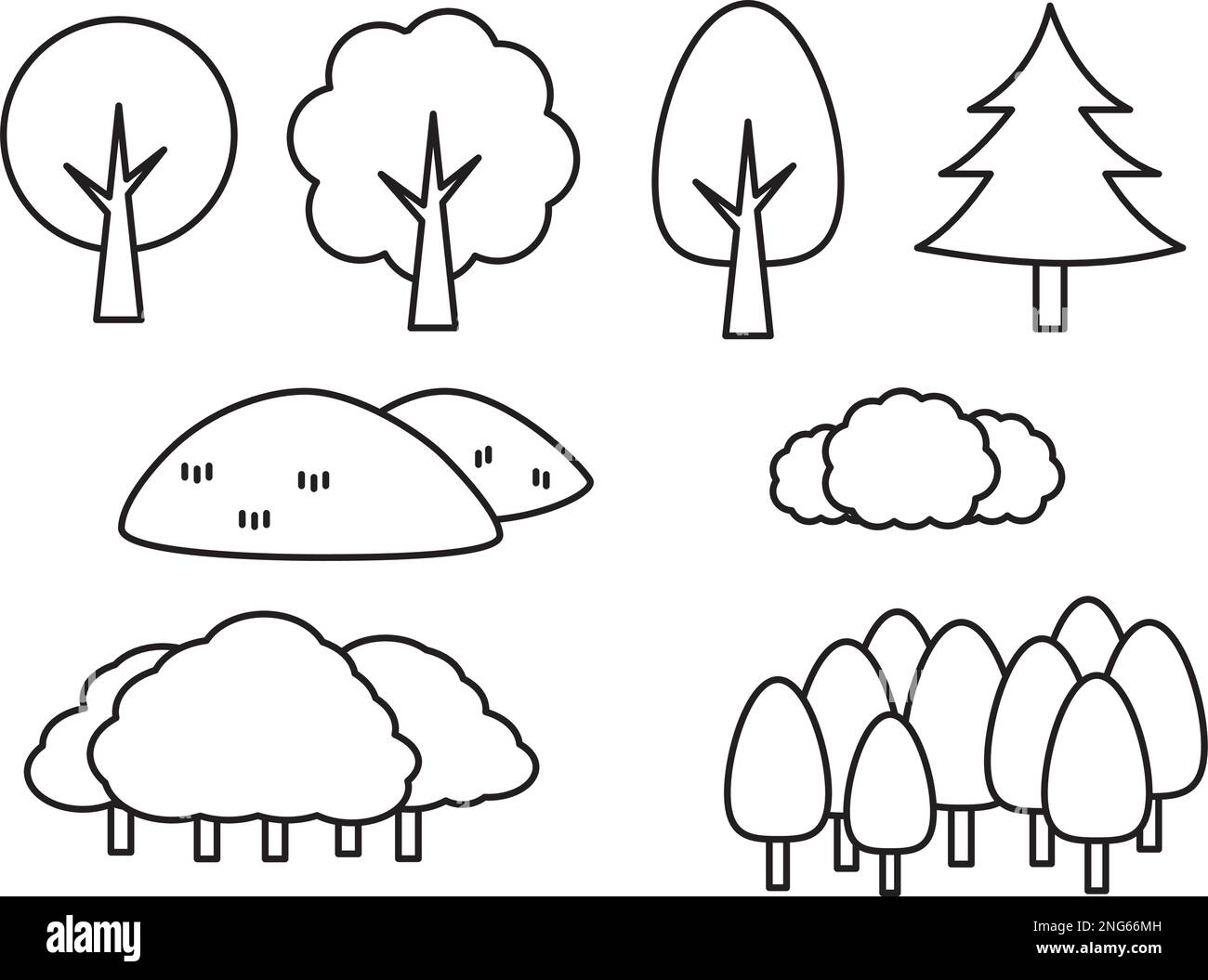 Monochrome line drawing icon set of forests, mountains and bushes ...
