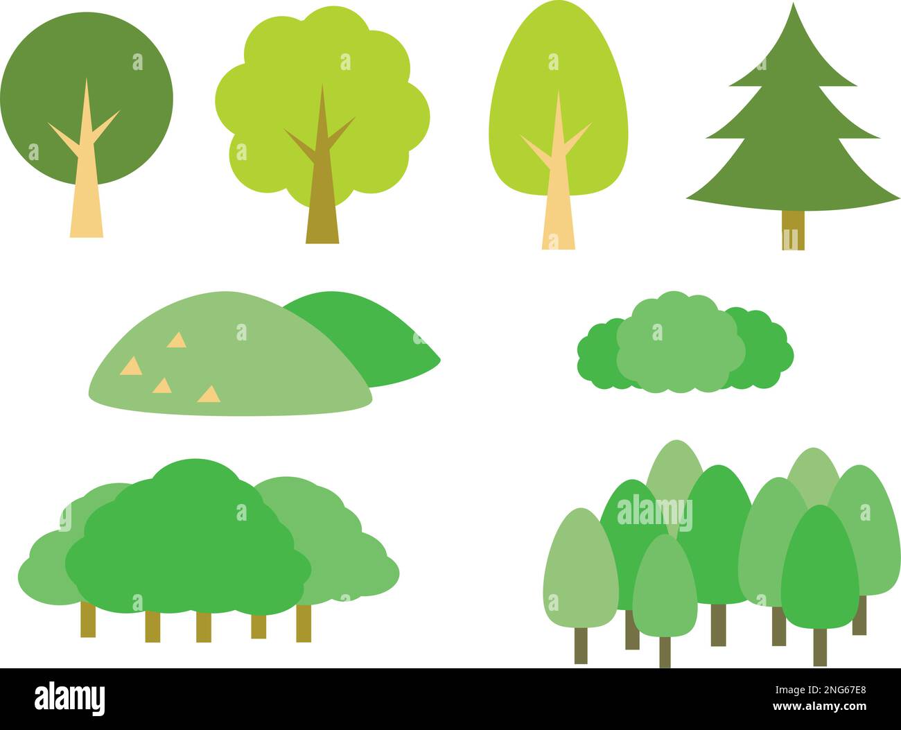 Illustration material set of fresh green trees and mountains in spring ...