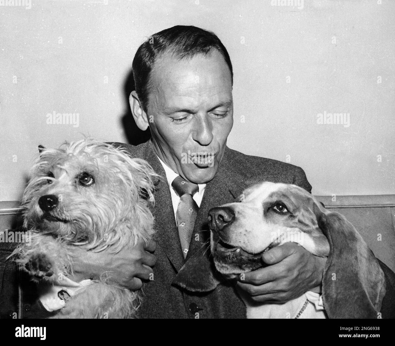 Singer and actor Frank Sinatra is seen with Snuffy the Cairn terrier ...
