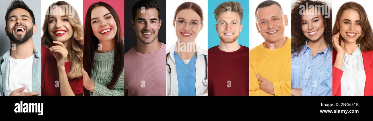 Collage with photos of happy smiling people on different color ...