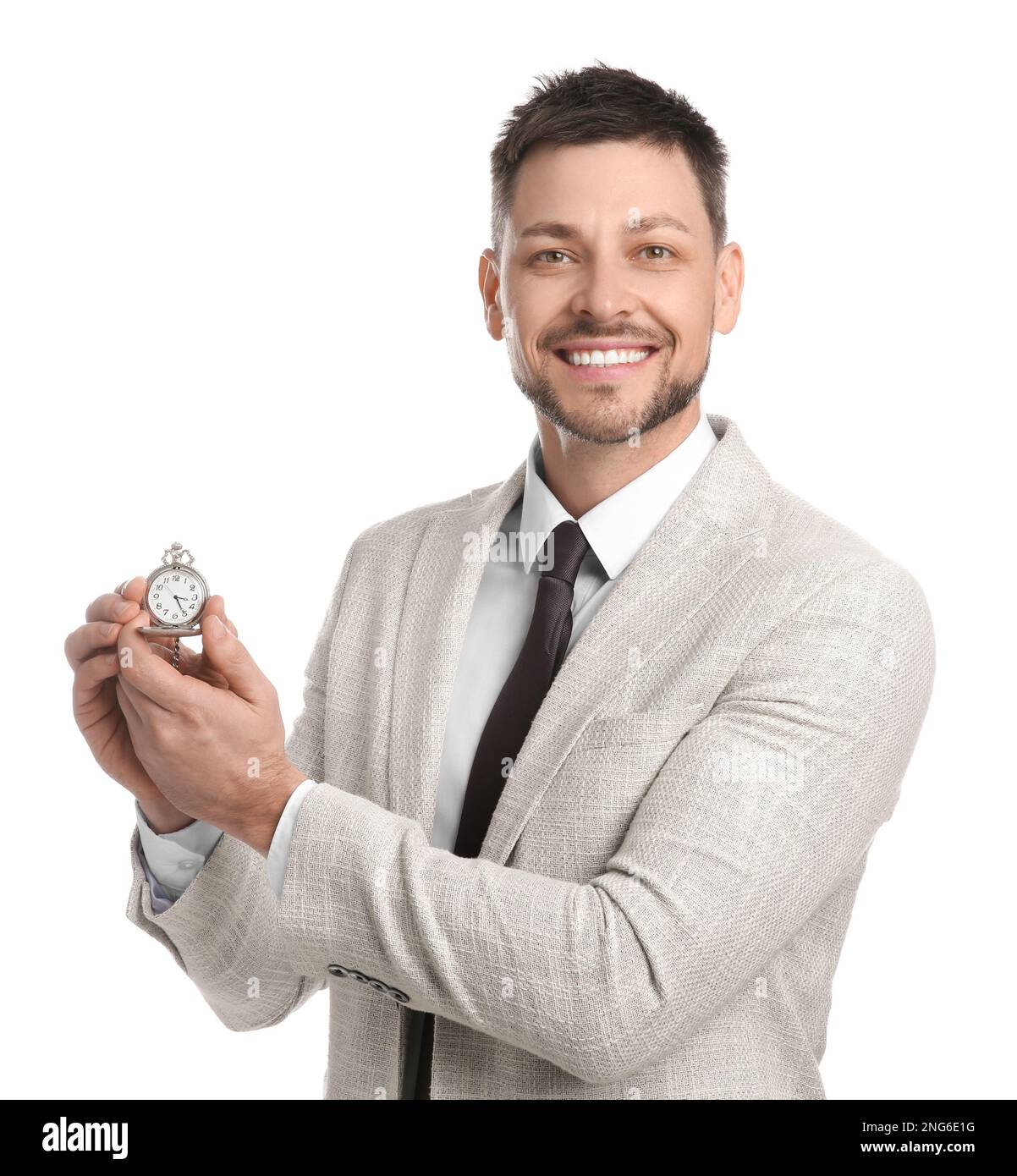 Happy businessman holding pocket watch on white background. Time ...