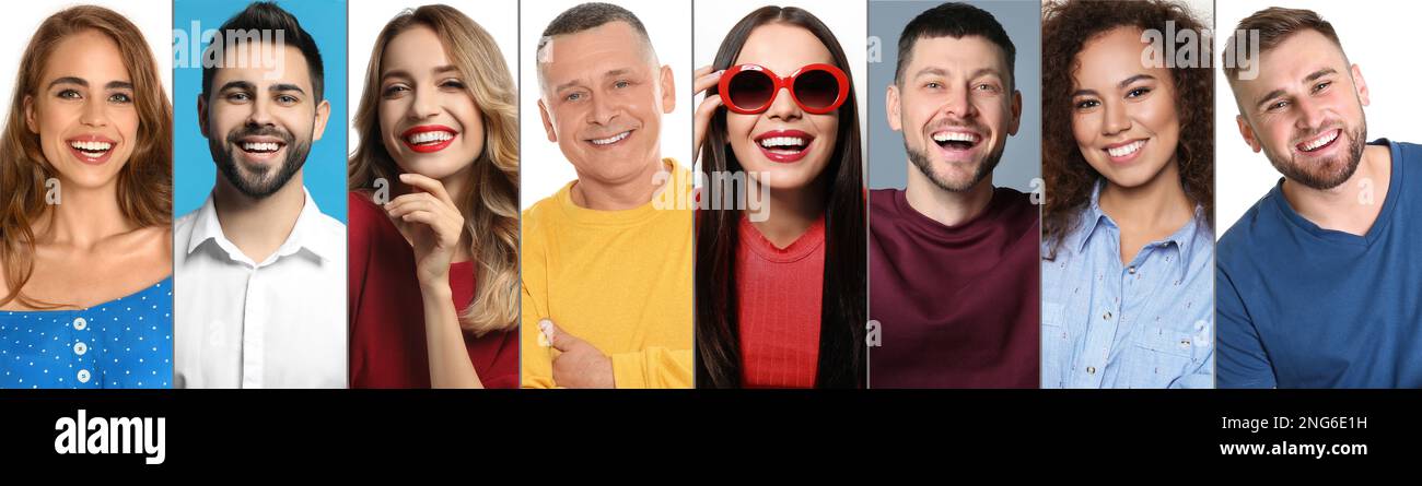 Collage with photos of happy smiling people on different color ...
