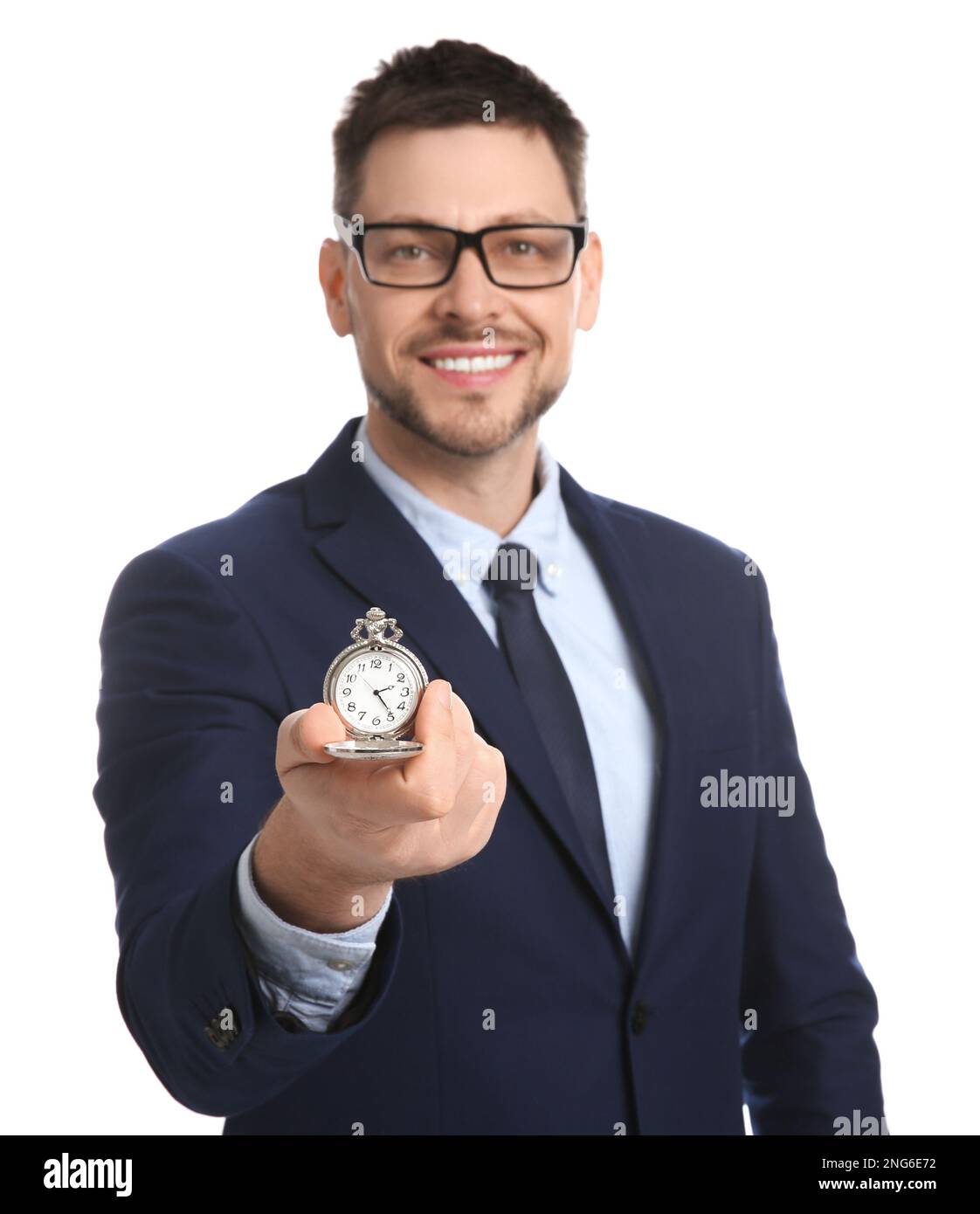 Happy businessman holding pocket watch on white background. Time ...