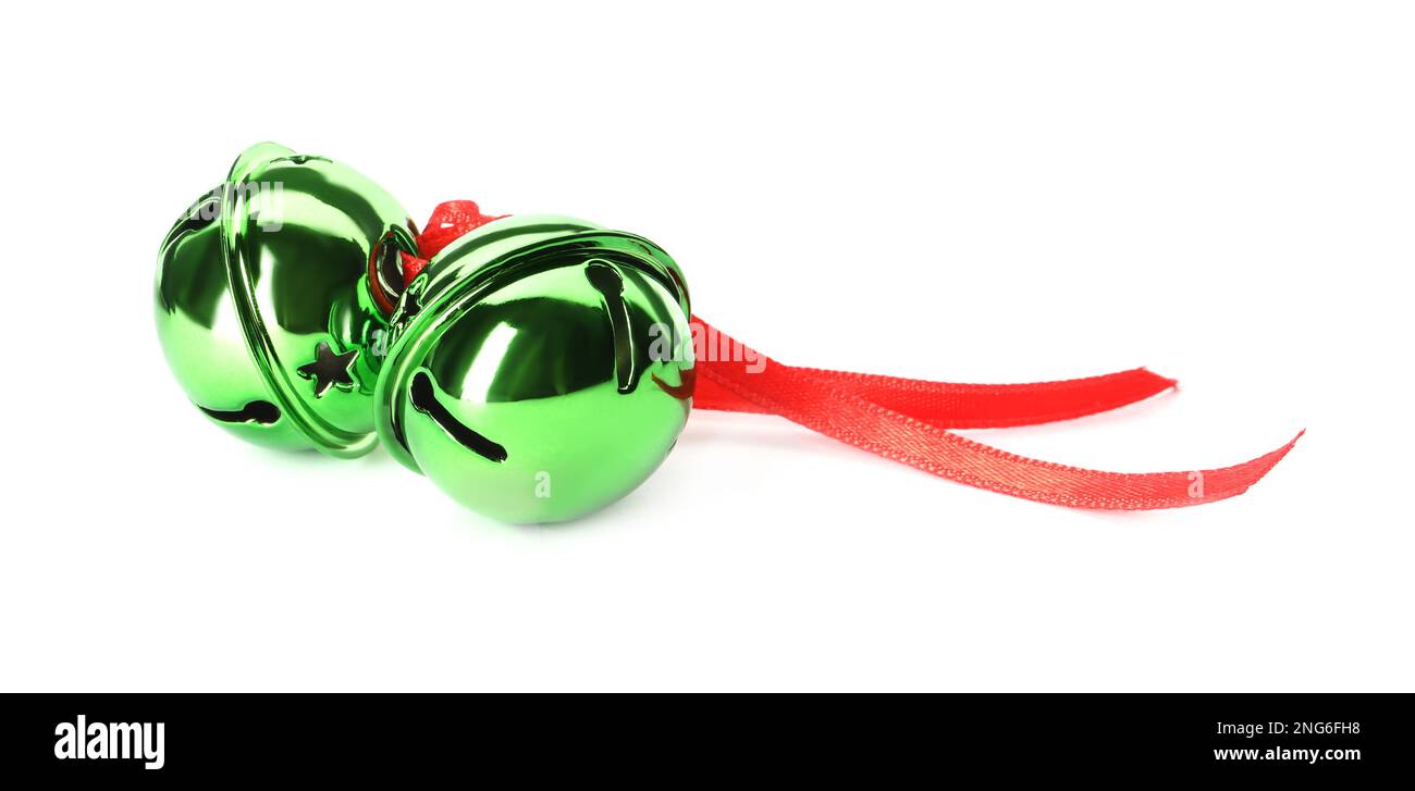 Shiny green sleigh bells with ribbon isolated on white Stock Photo - Alamy