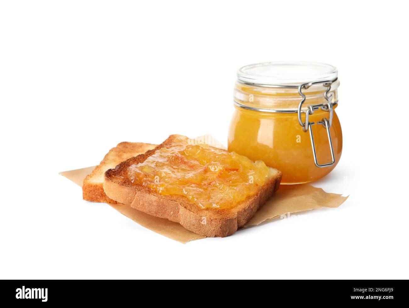 Delicious toasts and orange marmalade on white background Stock Photo ...