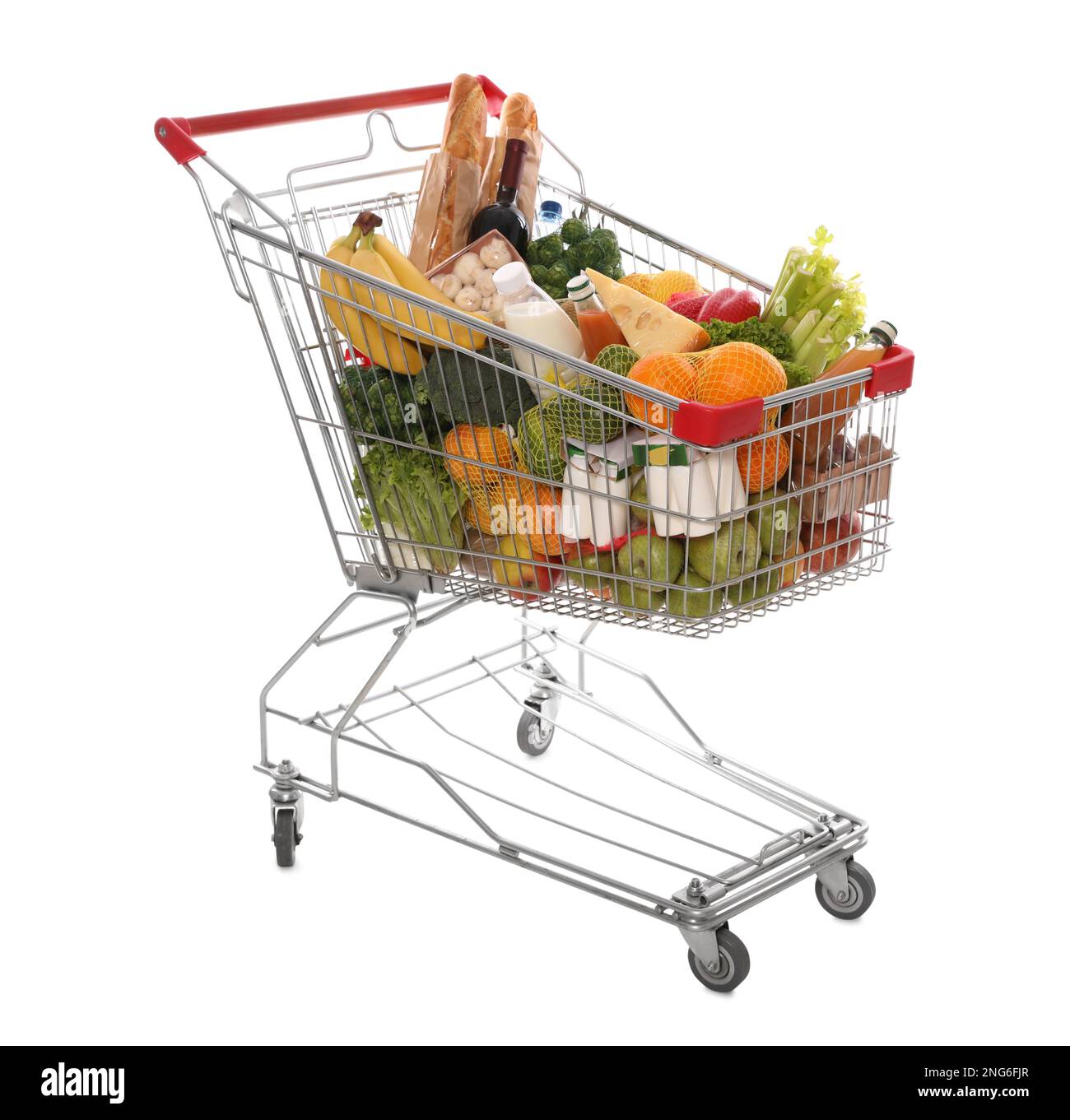 Shopping cart full of groceries on white background Stock Photo - Alamy