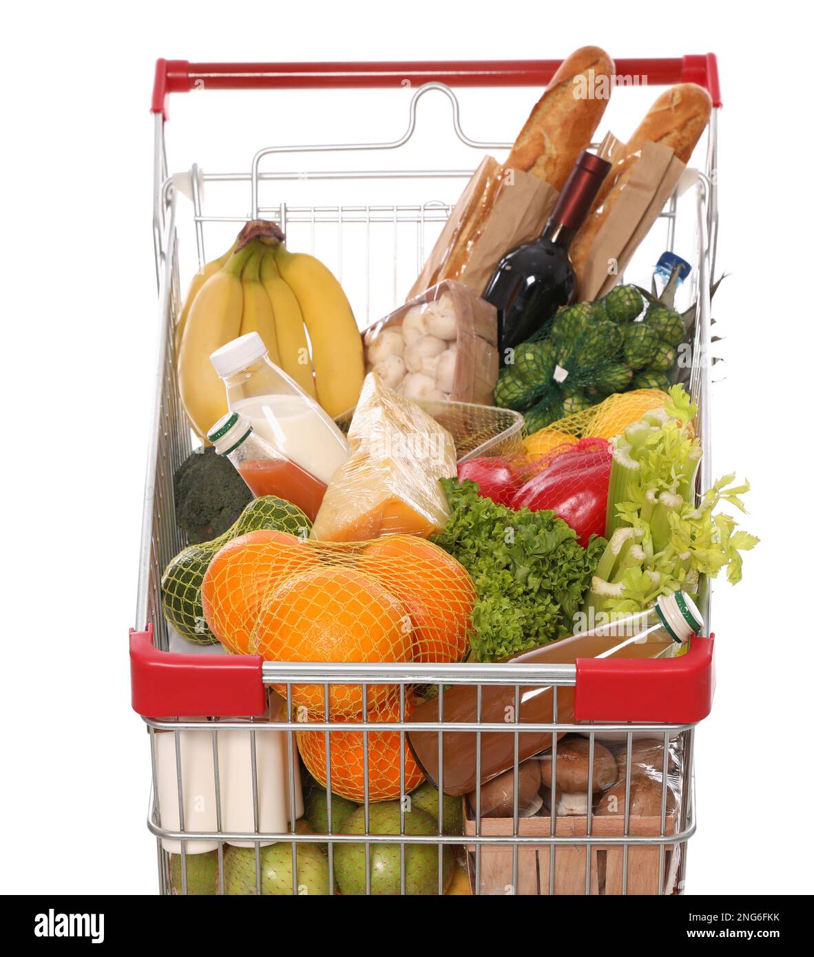 Shopping cart full of groceries on white background Stock Photo - Alamy