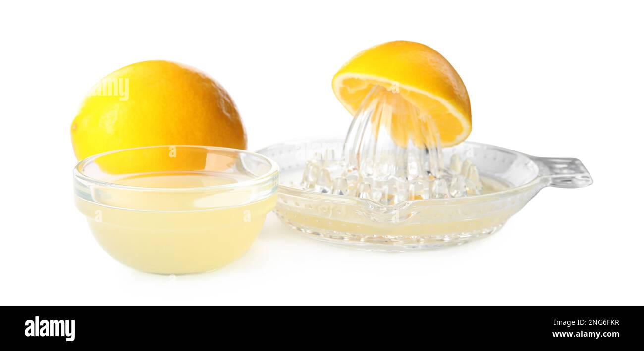 Freshly squeezed lemon juice on white background Stock Photo - Alamy