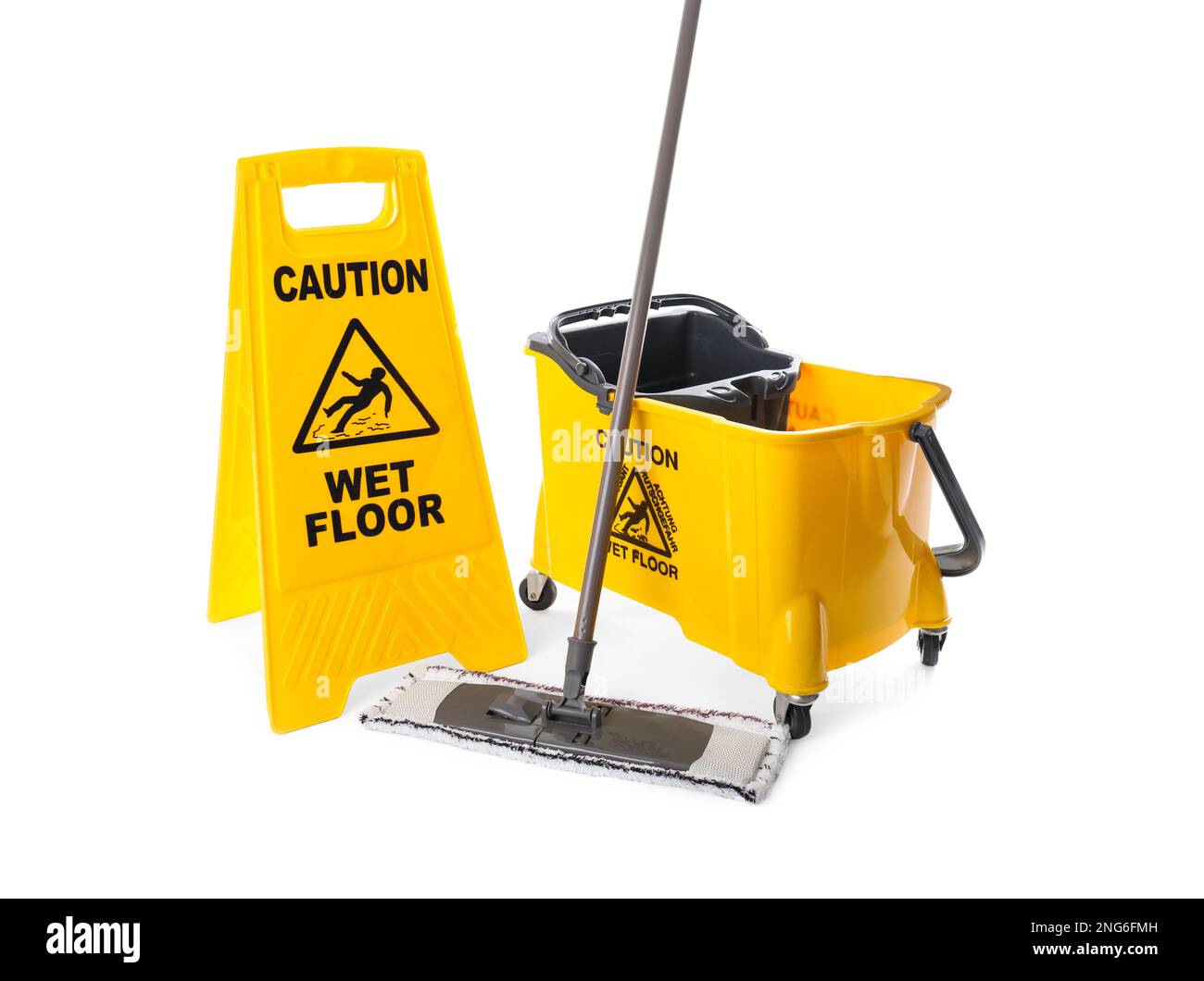 Safety sign with phrase Caution wet floor, mop and bucket on white ...