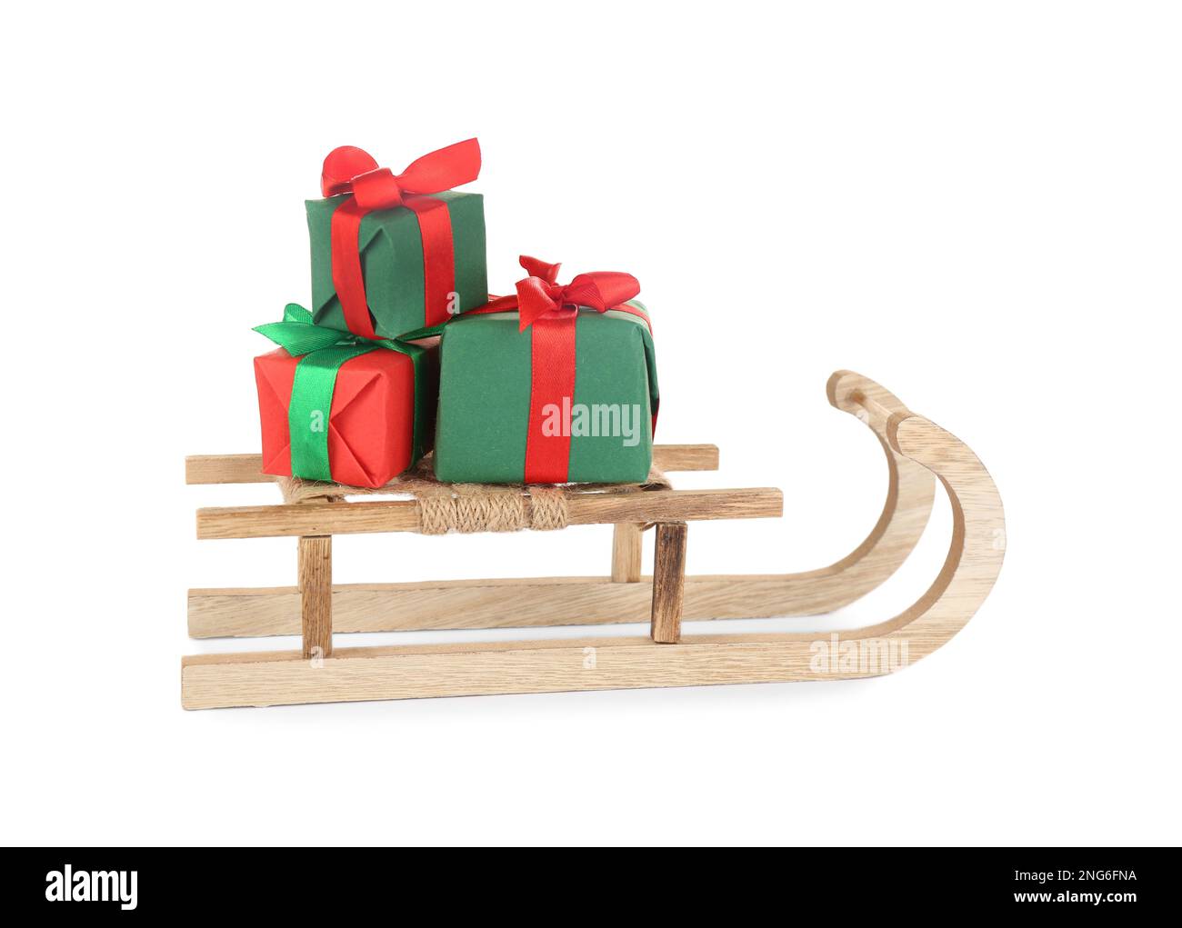 Wooden sleigh with presents on white background. Christmas holiday ...