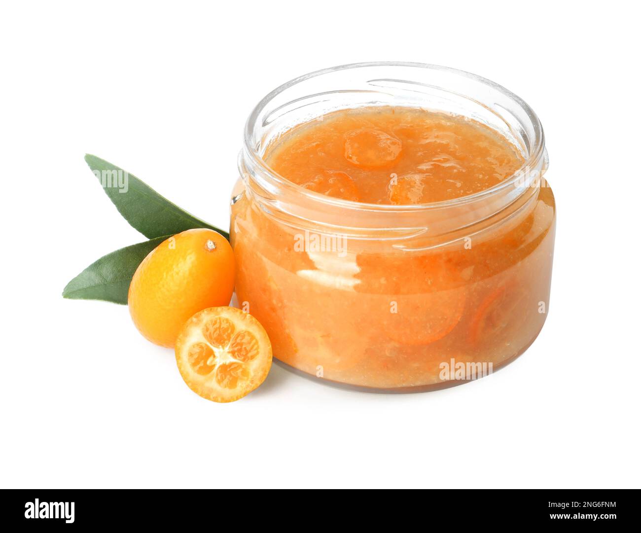 Jar of delicious kumquat jam, fresh fruits and leaves on white ...