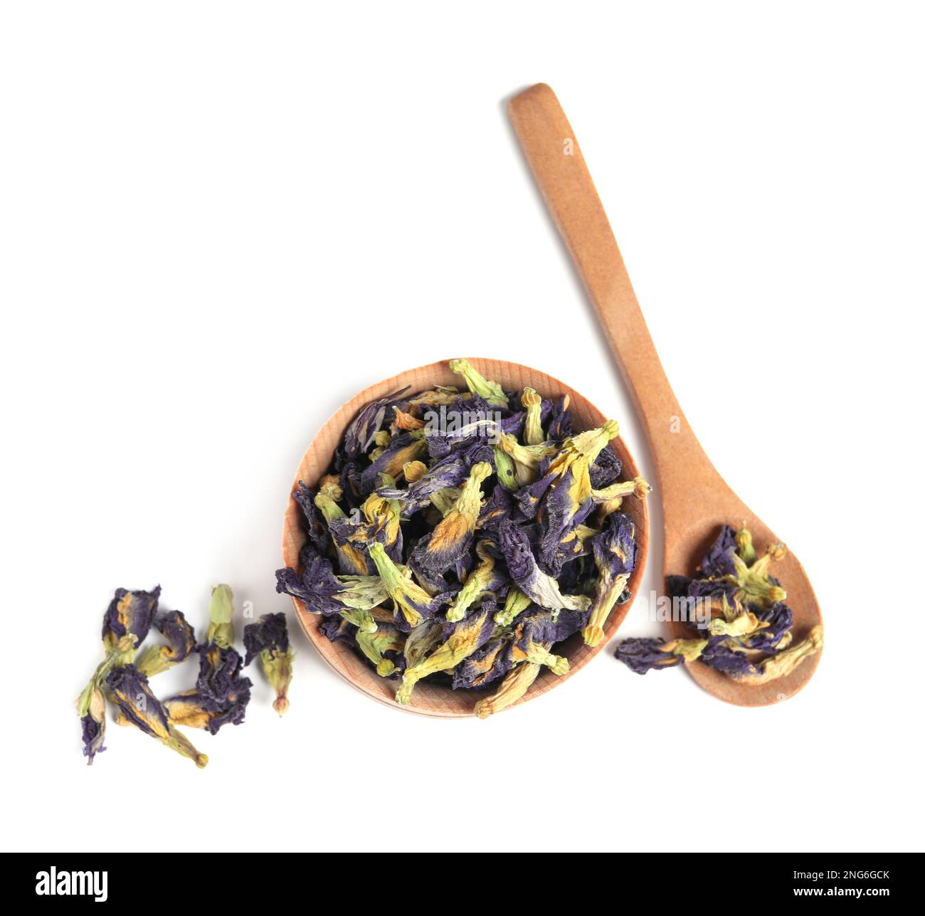 Organic blue Anchan in bowl and spoon on white background, top view ...