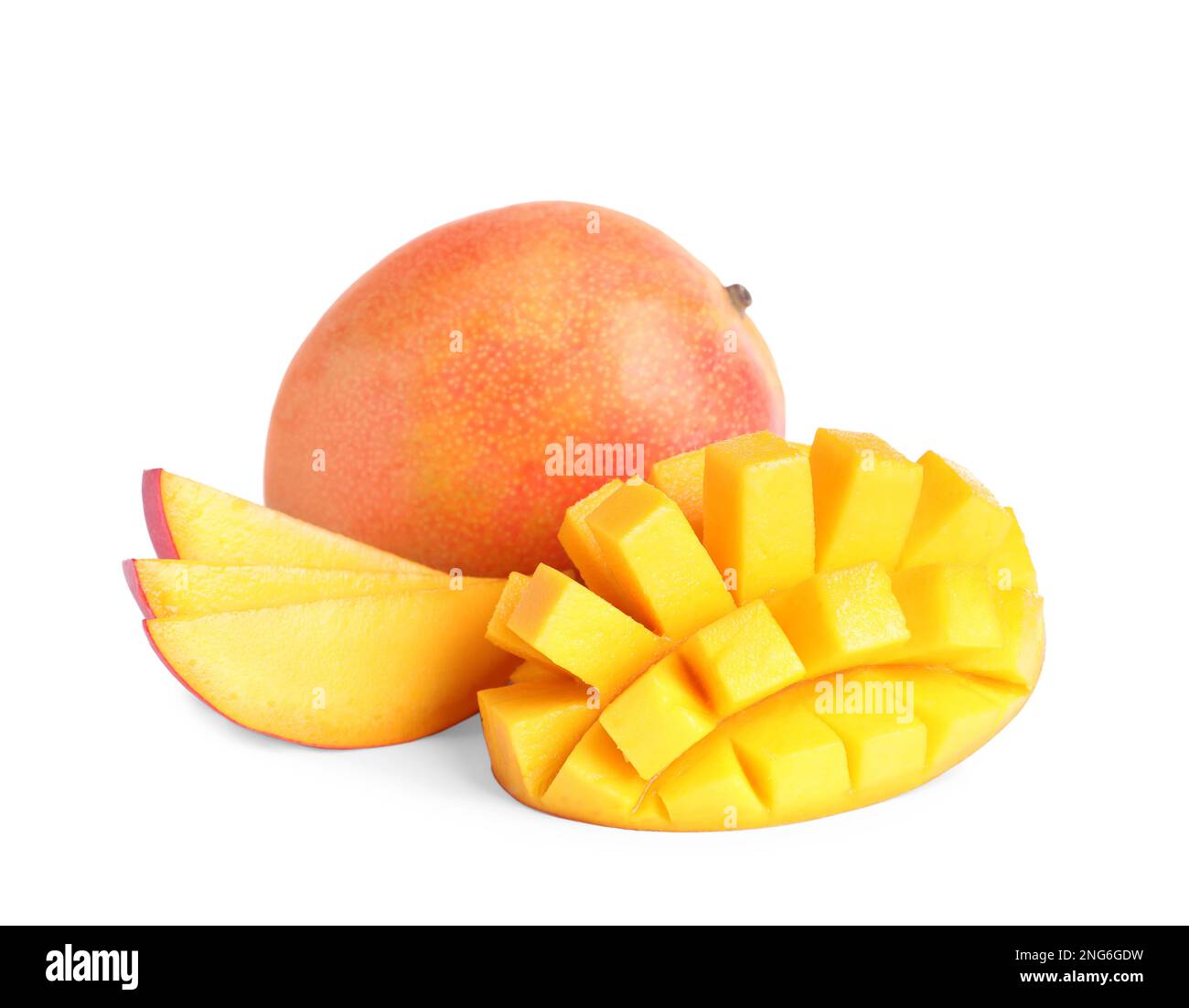 Delicious whole and cut mangoes on white background Stock Photo - Alamy