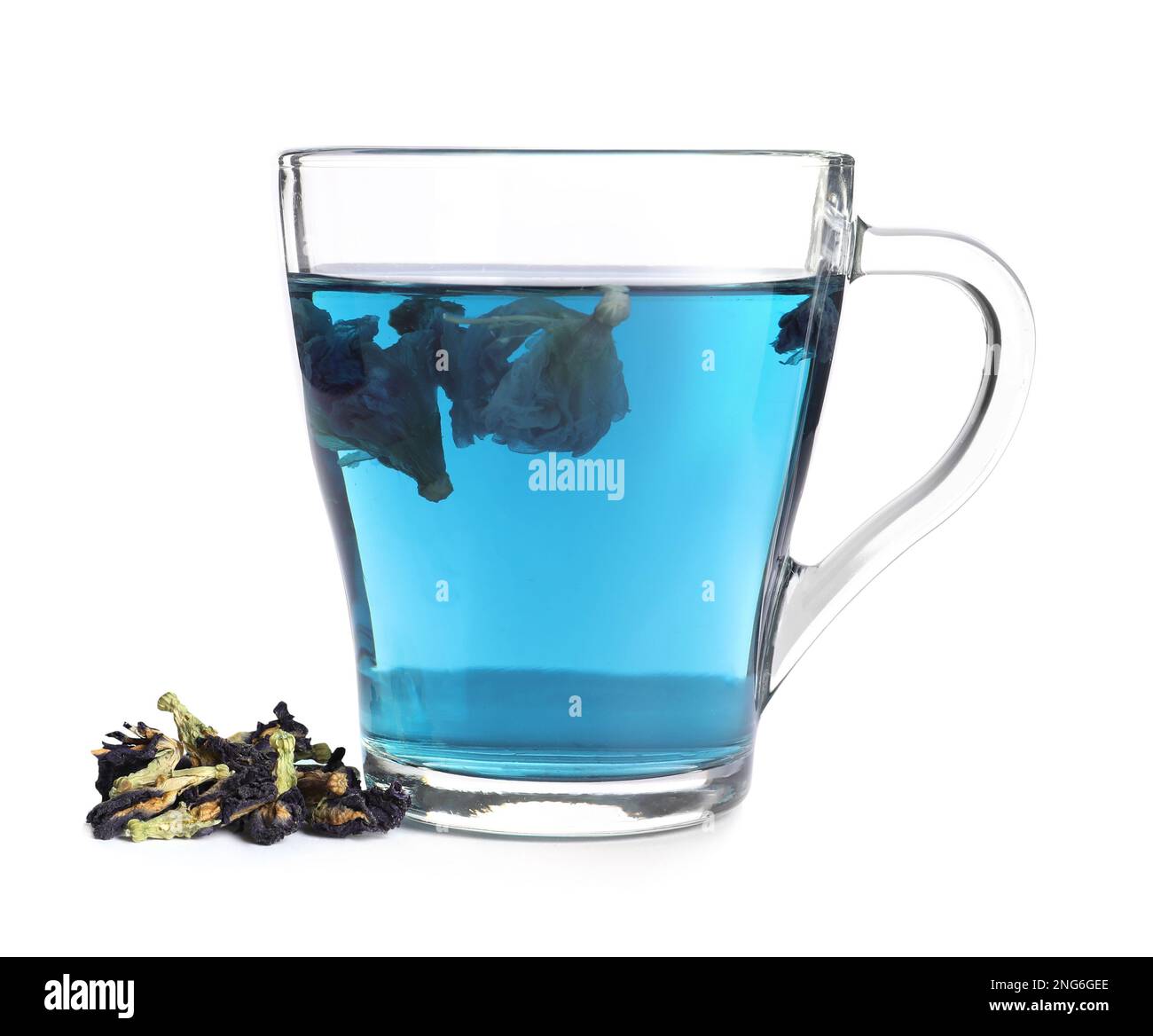 Glass cup of organic blue Anchan on white background. Herbal tea Stock ...