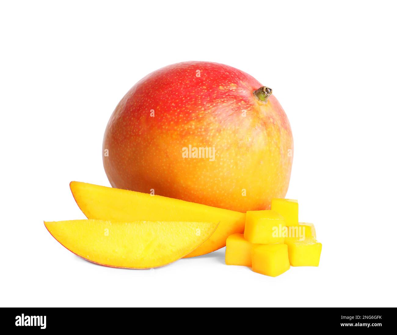 Delicious whole and cut mangoes on white background Stock Photo - Alamy