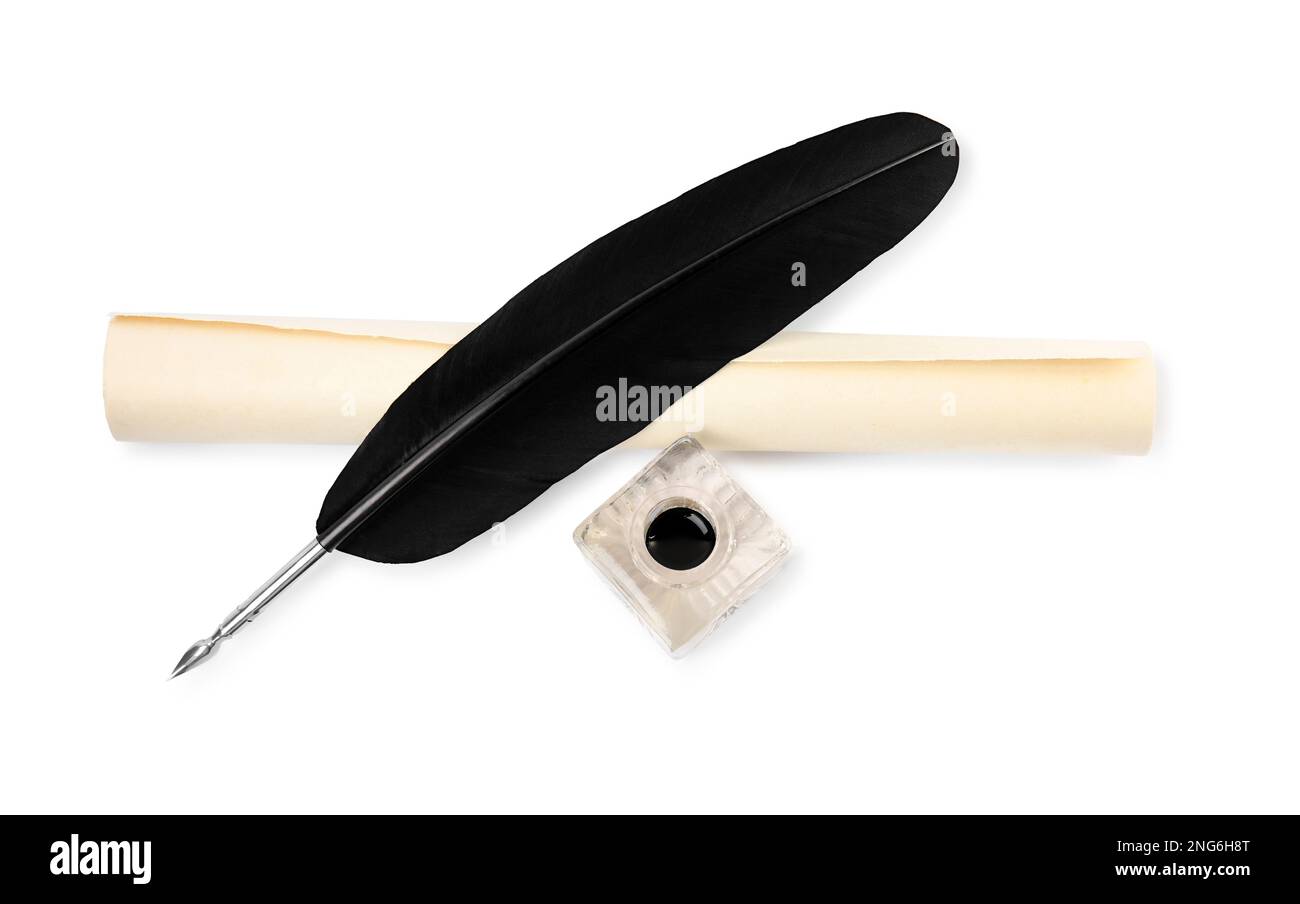 Feather pen, inkwell and scroll of parchment on white background, top ...