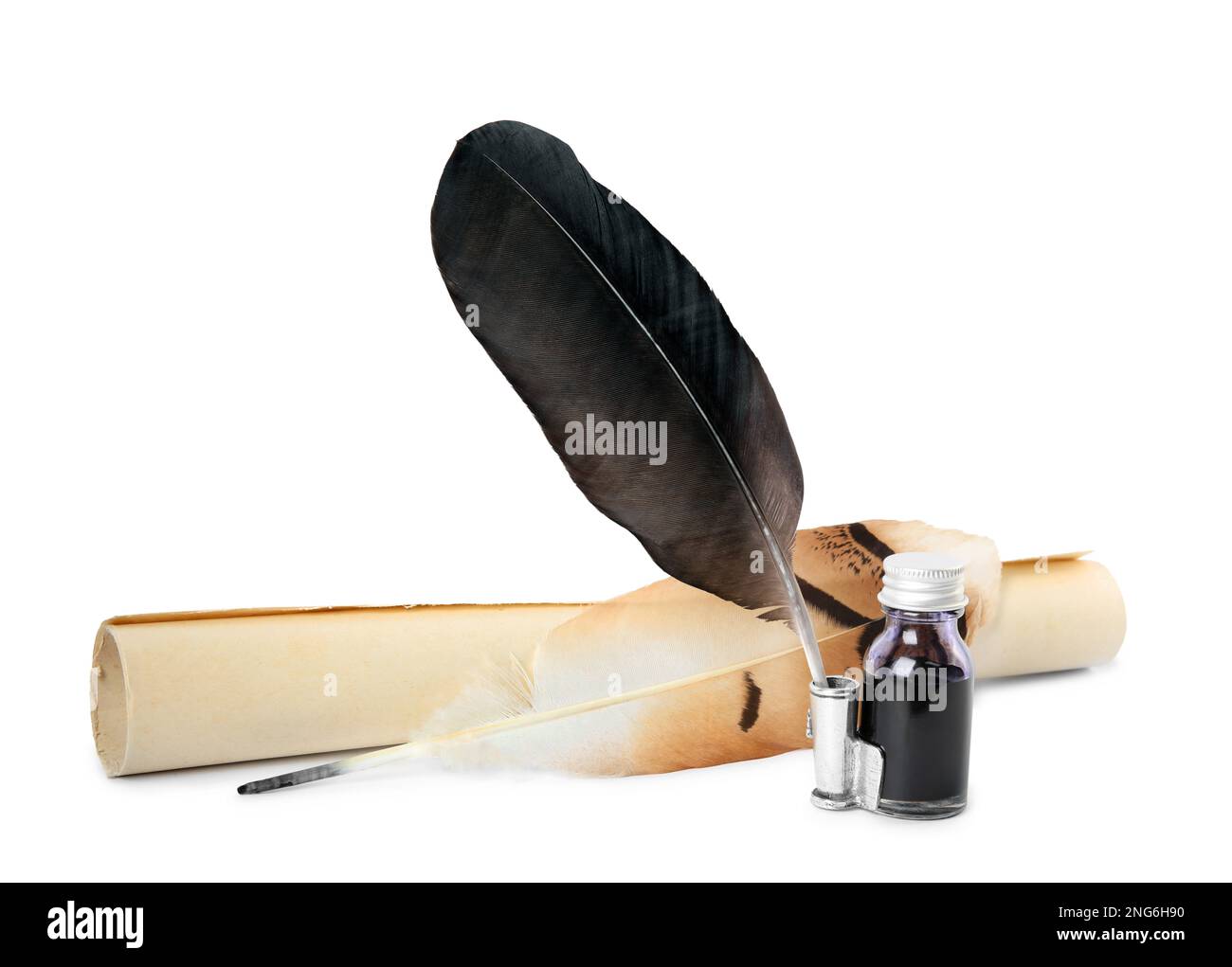 Feather pens, bottle of ink and parchment scroll on white background ...
