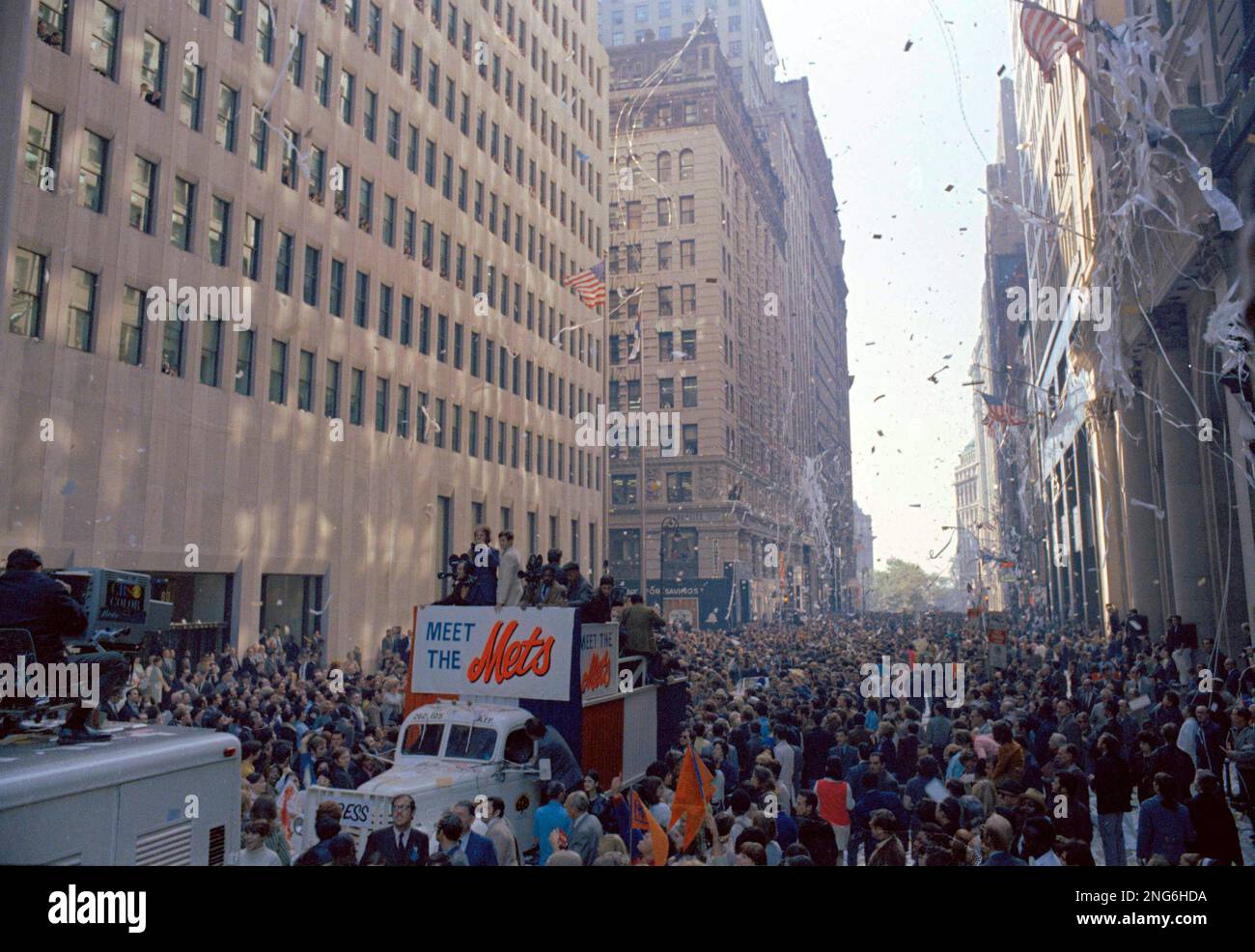 Members of the New York Mets team parade on Broadway, in lower Manhattan, to celebrate their ...