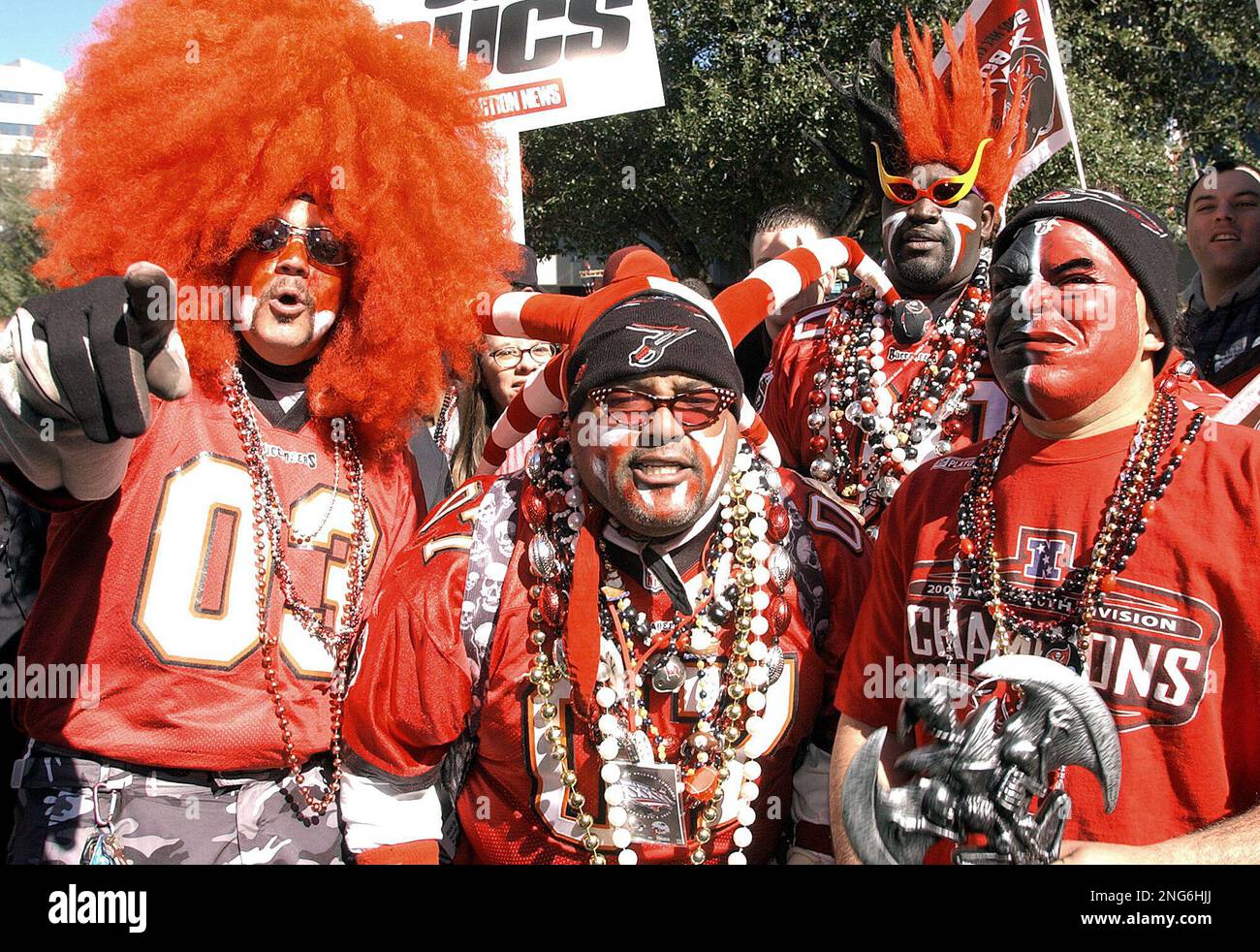 Tampa Bay Buccaneers fans from left, Mike Dearing of Clearwater, Fla ...