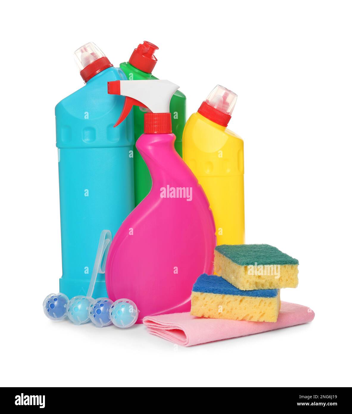 Composition with different toilet cleaning tools on white background ...