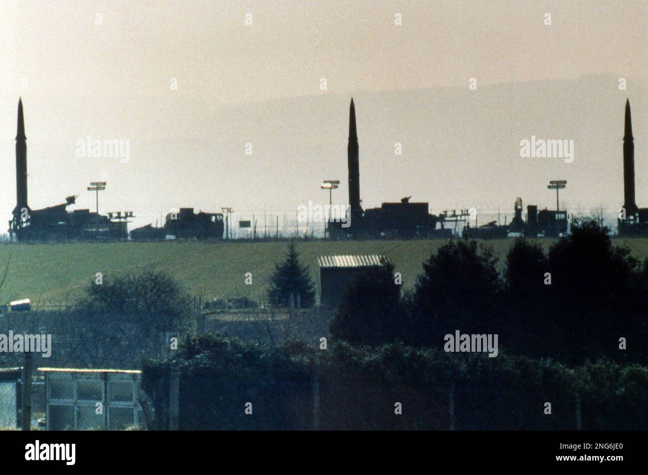 A battery of three Pershing II missile are seen at the Mutlangen, West ...