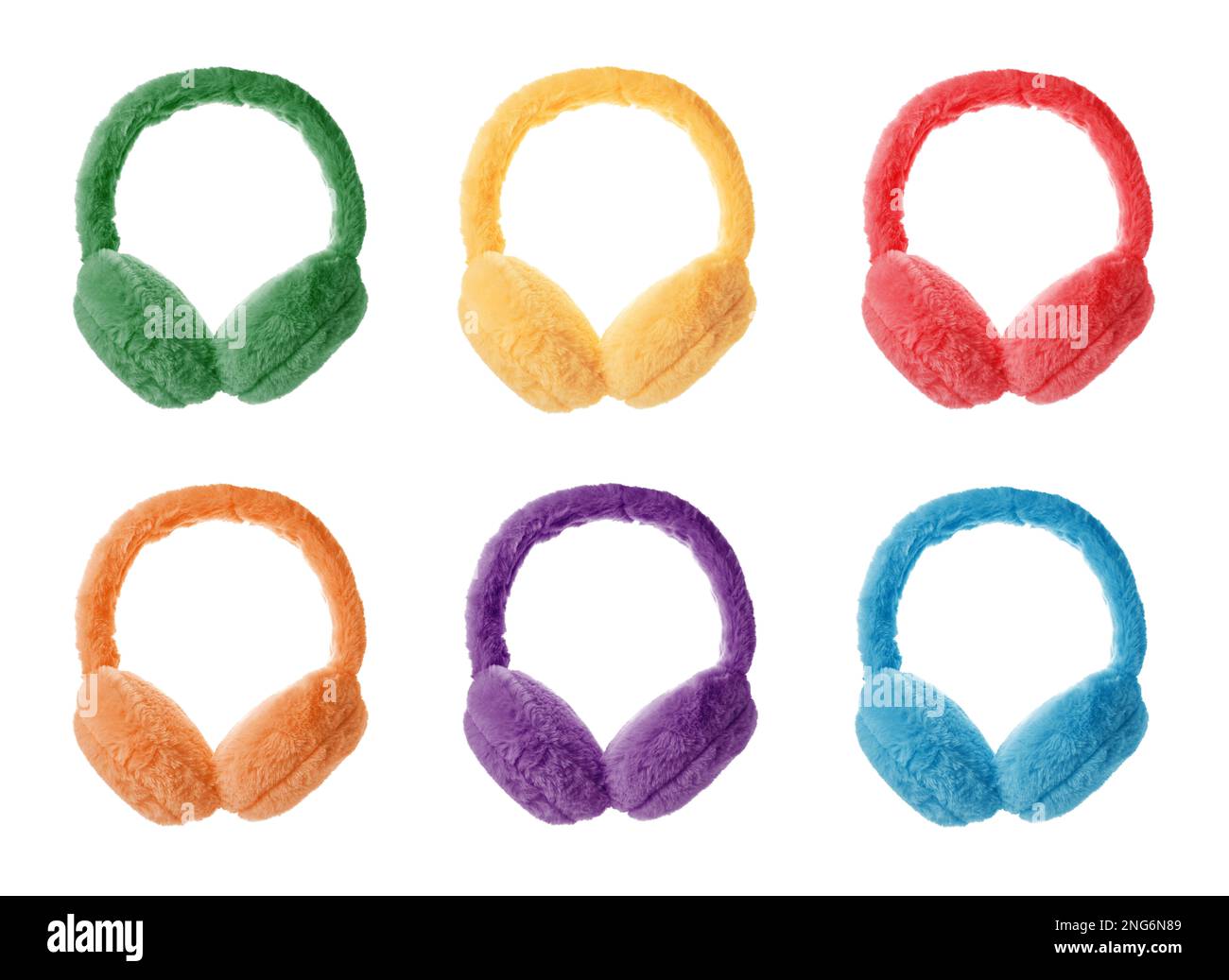 Set with different colorful soft earmuffs on white background Stock ...