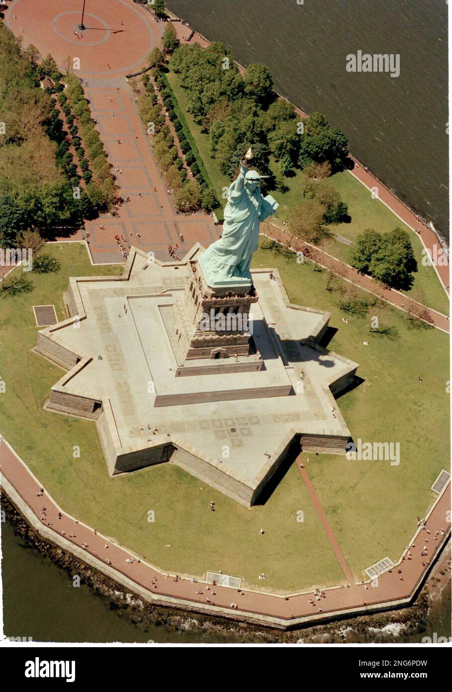 The Statue of Liberty, as seen from a Goodyear blimp, stands on its ...