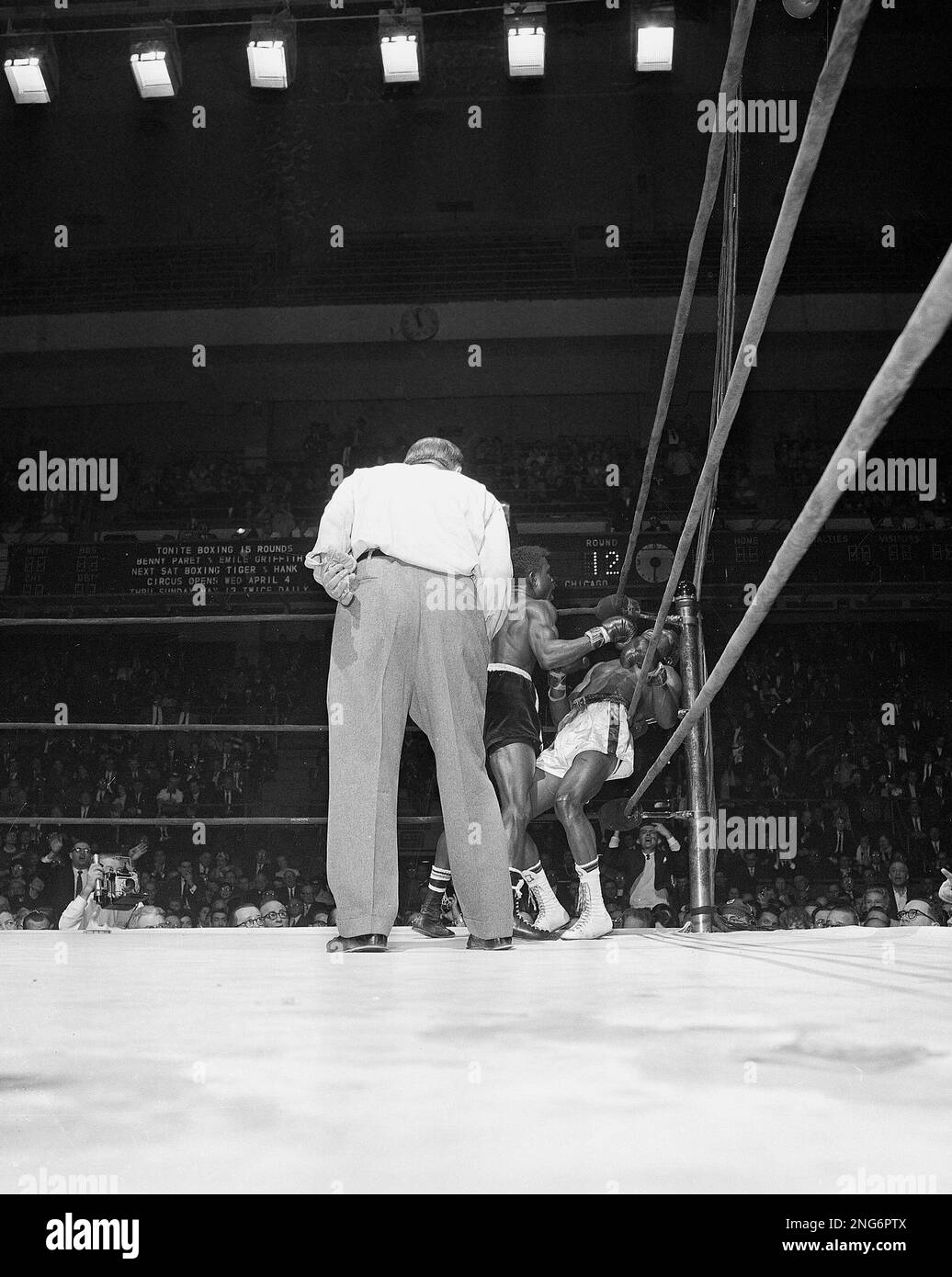 Welterweight Emile Griffith corners Benny Paret of Cuba during fight ...