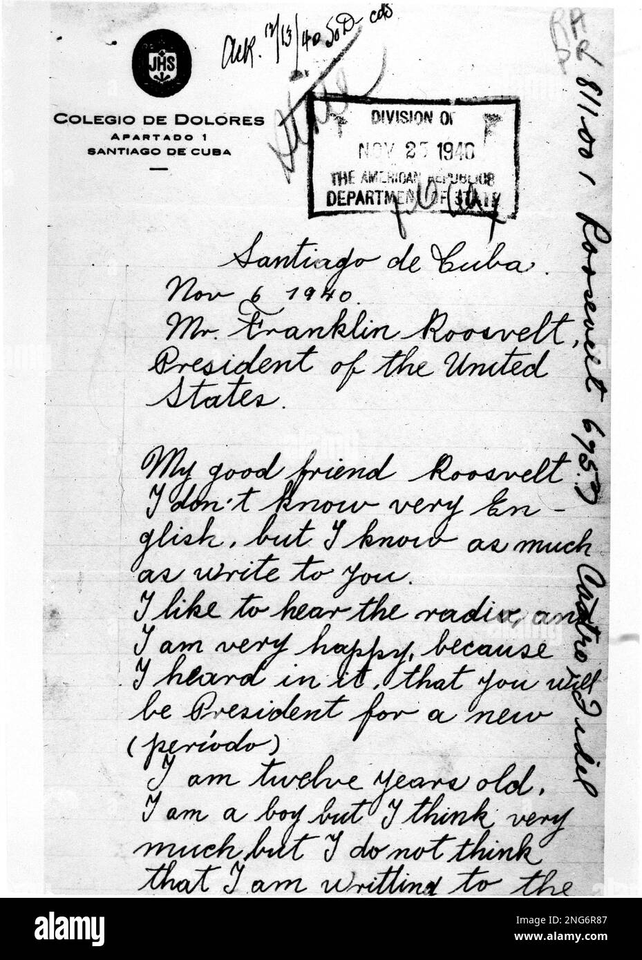 This is the first page of a three-page letter written by Fidel Castro ...