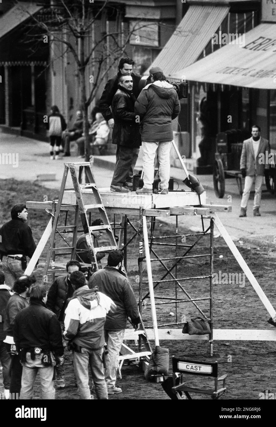 Film director Martin Scorsese, center, on top of camera platform ...