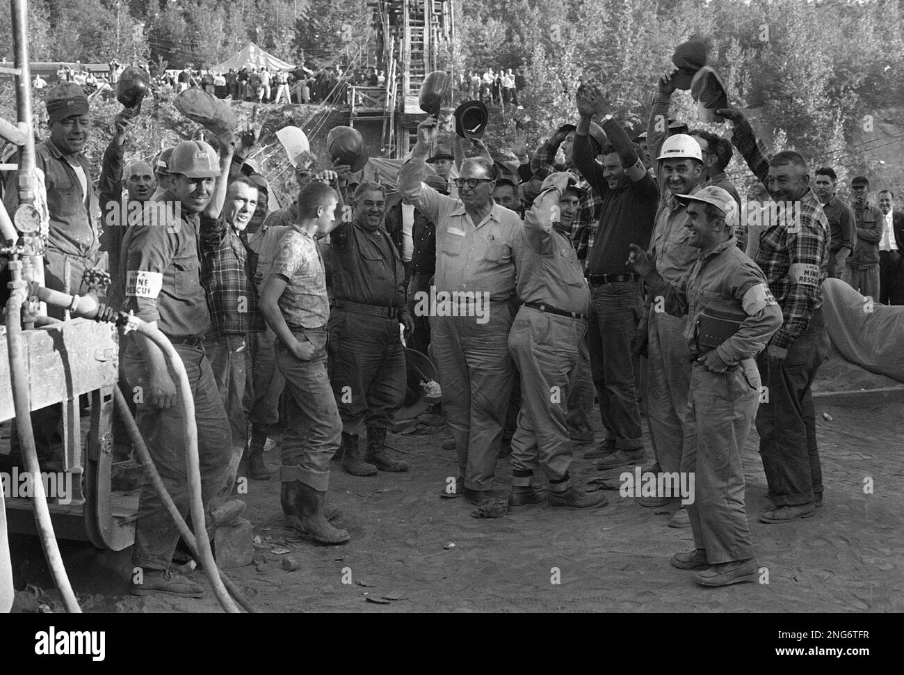 Miners at Hazleton, Pa., August 26, 1963 wave caps after their rescue ...