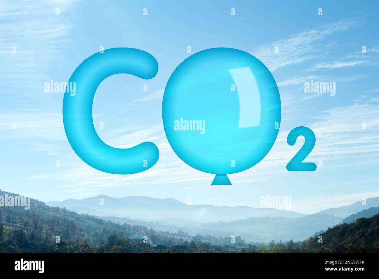 Concept of clear air. CO2 inscription and beautiful mountain landscape ...