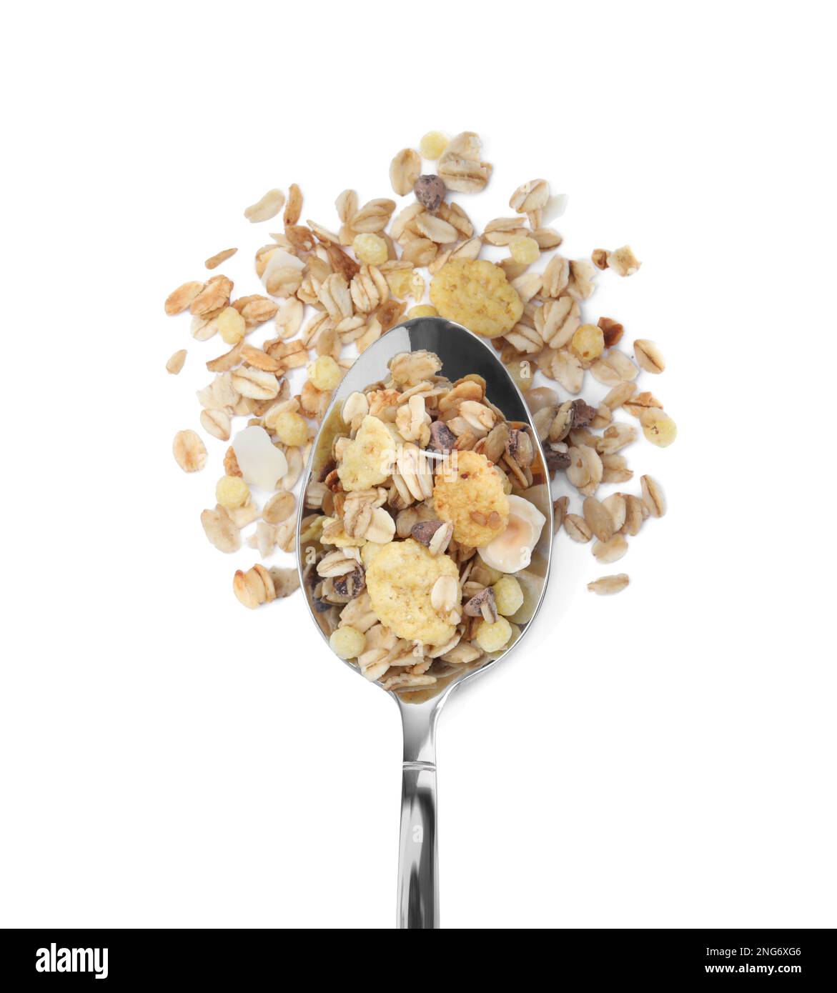 Spoon with granola on white background, top view. Healthy snack Stock ...