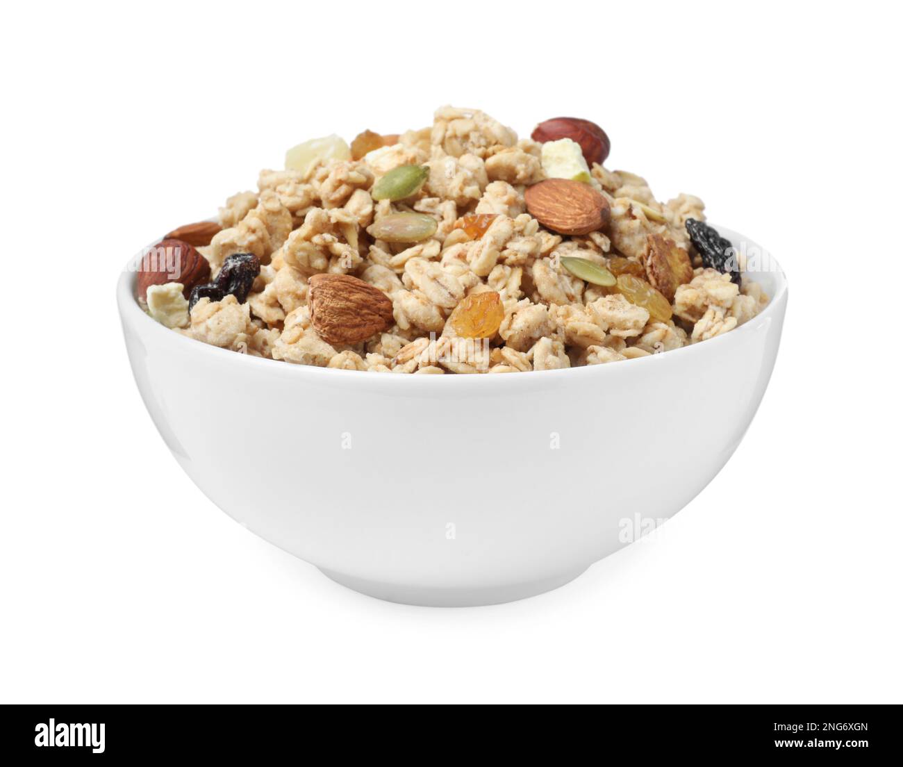 Granola in bowl on white background. Healthy snack Stock Photo - Alamy
