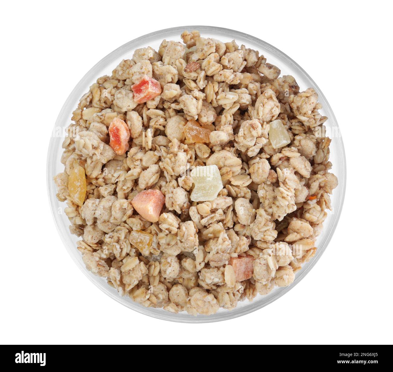 Granola in bowl on white background, top view. Healthy snack Stock ...