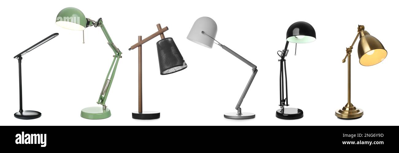 Set with different stylish table lamps on white background. Banner ...