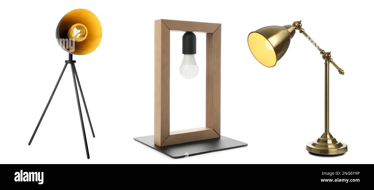 Set with different stylish table lamps on white background. Banner ...
