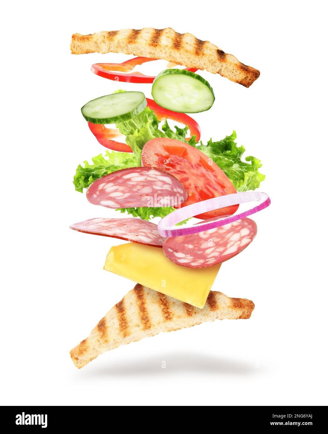 Delicious sandwich with flying ingredients on white background Stock ...