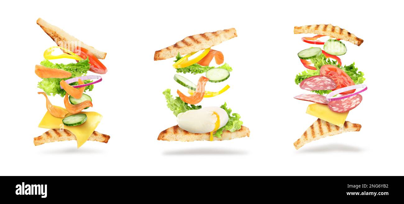 Delicious sandwiches with flying ingredients on white background ...