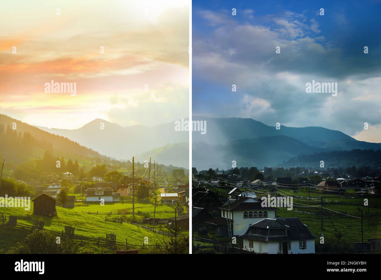 Photo before and after retouch, collage. Picturesque view of village ...